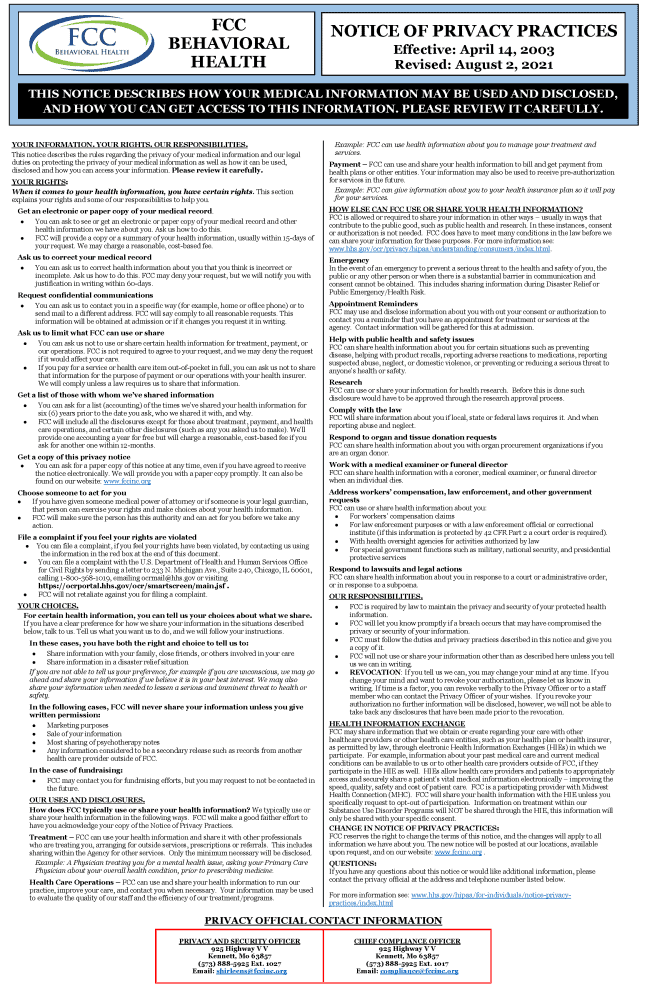 Notice of Privacy Practices - FCC Behavioral Health